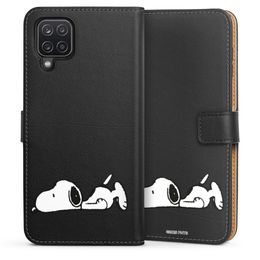 DeinDesign Galaxy A12 Handy Klapph&uuml;lle Handyh&uuml;lle aus Kunst Leder schwarz Flip Case Peanuts Snoopy Official Licensed Product Sideflip mit langer Lasche