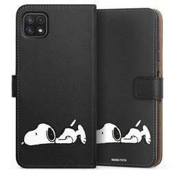 DeinDesign Galaxy A22 5G Handy Klapph&uuml;lle Handyh&uuml;lle aus Kunst Leder schwarz Flip Case Peanuts Snoopy Official Licensed Product Sideflip mit langer Lasche