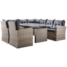 Ambia Garden Dining-Loungeset, Grau, Dunkelgrau, Metall, Kunststoff, Glas, Textil, L-Form, 231x177 cm, Loungem&ouml;bel, Gartenlounge-Sets