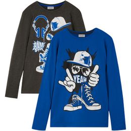 bonprix Jungen bonprix Langarmshirt Packung, 2 tlg. bequeme Passform, mit gro&szlig;fl&auml;chigem Print, f&uuml;r Schule und Freizeit grau 128/134