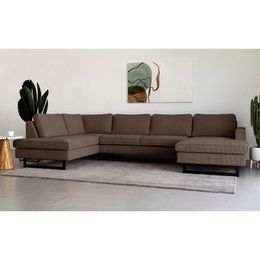 Home Affaire Wohnlandschaft &raquo;Pinto, 350 cm, U-Form, XXL, mit Ottomanen&laquo; Cord, Chenille, Lederoptik, mit Keder, Metallf&uuml;&szlig;e, Wellenunterfederung braun 
