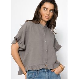 SASSYCLASSY Musselin Bluse mit R&uuml;schensaum in Taupe | Gr.: L