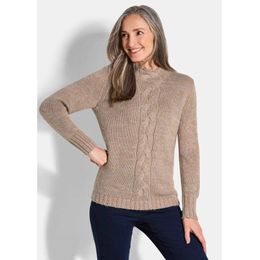 GOLDNER Kurzgr&ouml;&szlig;e: H&uuml;ftlanger Langarmpullover, Zopfstrick in beige / gemustert | Gr.: 20