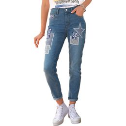 Damen Jeans mit bedruckten Patches blue-bleached, Gr&ouml;&szlig;e 36