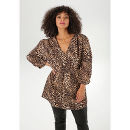 Schlupfbluse ANISTON PLUS, Damen, Gr. 44, braun (braun, beige, schwarz), Obermaterial: 100% Viskose, animal-print, gemustert, figurumspielend kniefrei, V-Ausschnitt, gesmokt, Blusen Schlupfbluse, in aktuellen Leoprint