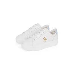 Plateausneaker Tommy Hilfiger "PLATFORM COURT SNEAKER", Damen, Gr. 40, blau (wei&szlig;, hellblau), Leder, Schuhe Plateausneaker, Freizeitschuh, Halbschuh, Schn&uuml;rschuh mit TH-Schmuckelement