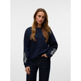 V&eacute;ro Moda Sweatshirt VERO MODA "VMKAROL BEA LS SWEAT BOX JRS GA", Damen, Gr. M, navy blazer detail:embroidery on sleeves, Sweatware, Obermaterial: 52% Baumwolle, 48% Polyester, unifarben mit Farbeinsatz, loose fit normal, Rundhals, Sweatshirts Sweatshirt, mit Blumendruck