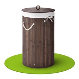 Juskys Bambus W&auml;schekorb Curly-Round 55 Liter W&auml;schesammler mit Deckel, Griff & W&auml;schesack &ndash; Braun