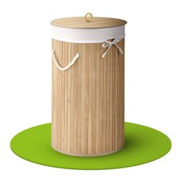 Juskys Bambus W&auml;schekorb Curly-Round 55 Liter W&auml;schesammler mit Deckel, Griff & W&auml;schesack &ndash; Natur