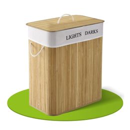 Juskys Bambus W&auml;schekorb Curly 100 Liter mit Deckel & W&auml;schesack 2 F&auml;cher W&auml;schesammler Natur
