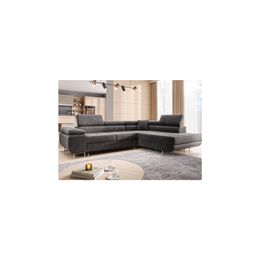 M-Punkt Wohnlandschaft Ecksofa MIAMI Samt Grau mit Bett Bettkasten Kopfteilverstellung Bett Sofa Schlafsofa Ottomane rechts