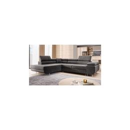 M-Punkt Wohnlandschaft Ecksofa MIAMI Samt Grau mit Bett Bettkasten Kopfteilverstellung Bett Sofa Schlafsofa Ottomane links
