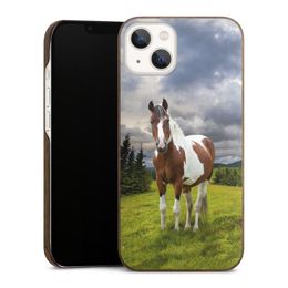 DeinDesign iPhone 13 Handy Holz H&uuml;lle Holz Schutzh&uuml;lle Echtholz Handyh&uuml;lle Nature Meadow Horse Holz Slim Case