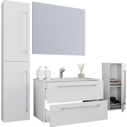 Vcm 5-tlg. Set 1 Waschtisch mit zwei Schubladen, 1 Spiegel, 1 Waschbecken, 1 Midischrank, 1 Hochschrank Keramik Waschbecken h&auml;ngend Unterschrank 80 cm Badm&ouml;bel Set Waschplatz &ndash; Badinos