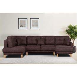 Wohnlandschaft Home Affaire, B:310cm H:90cm T:192cm, braun, 100% Polyester, Sofas, "TRIPLO U-Form wahlweise mit Schlaffunktion, B/T/H: 310/192/90