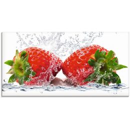 Glasbild Artland, B:60cm H:30cm, rot, K&uuml;che, Bilder, "Erdbeeren mit Spritzwasser", in verschiedenen Gr&ouml;&szlig;en