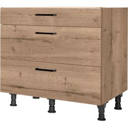 Unterschrank Nobilia, B:90cm H:87cm T:58,3cm, braun, K&uuml;che, Schr&auml;nke, ""Structura", vormontiert, mit h&ouml;henverstellbaren Sockelf&uuml;&szlig;en, in den", Breiten