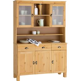 K&uuml;chenbuffet Home Affaire, B:125cm H:185cm T:38cm, beige, Massivholz, Schr&auml;nke, "Oslo", 125 cm breit, aus massiver Kiefer, mit 2 Glast&uuml;ren,