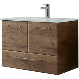Waschtisch SAPHIR, B:74cm T:44,5cm, braun, Glas, Holzwerkstoff, Badezimmer, Waschtische, "Quickset Glaswaschtisch mit Unterschrank, 74 cm breit,