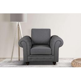 Sessel Home Affaire, B:117cm H:90cm T:93cm, grau, 100% Polyester, Wohnzimmer, Sessel, "MENDITTE", Knopfheftung an Armlehnen und vorderer Leiste, hohe