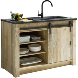 Sp&uuml;lenschrank Home Affaire, B:133cm H:93cm T:64cm, braun, Holzwerkstoff, K&uuml;che, Schr&auml;nke, "Sherwood", mit Scheunentorbeschlag aus Metall, Breite der