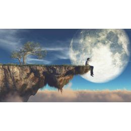papermoon Fototapete "Mann an Klippe vor Mond", B/L: 5m x 2,8m, Bahnen: 10 Stk., bunt, Schlafzimmer, Tapeten