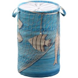W&auml;schekorb Sanilo, H:55cm &Oslash;:37cm, blau, Polyester, Badezimmer, W&auml;schesammler, "Seefahrt", 60 Liter, faltbar, mit Sichtschutz