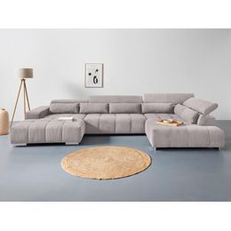 Wohnlandschaft COTTA, B:409cm H:73cm T:225cm, grau, 100% Polyester, Sofas, "Orion U-Form", mit Kopfteilverstellung & 6 Nierenkissen