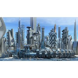 papermoon Fototapete "Science-Fiction-Skyline", B/L: 4m x 2,6m, Bahnen: 8 Stk., bunt, Schlafzimmer, Tapeten