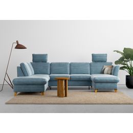 Wohnlandschaft Home Affaire, B:307cm H:86cm T:213cm, blau, 100% Polyester, Sofas, "Trelleborg U-Form", wahlweise mit Bettfunktion und Bettkasten,