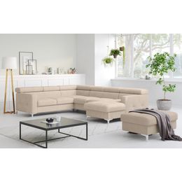 Wohnlandschaft COTTA, B:304cm H:74cm T:240cm, beige, NaturLEDER, die R&uuml;ckseite ist mit schwarzem und die Liegefl&auml;che der Bettfunktion ist mit beigem