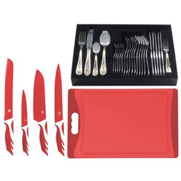 King Besteck-Set "&raquo;BAS GOLD&laquo;", 36 Stk., rot, Essbesteck-Sets, mit Dekor in Gold-Optik, inkl. Etui, 4 K&uuml;chenmesser, 1 Schneidebrett