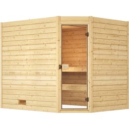 Weka Sauna "Massivholzsauna VALIDA Eck 3", Bio-Ofen, externe Steuerung, 7,5 kW, beige, Saunen, Blockbohlen, moderne Ganzglast&uuml;r, Eckeinstieg