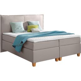Boxspringbett Home Affaire, B:132cm L:205cm, beige, Struktur fein (100% Polyester), Komplettbetten, "Houssay", inkl. Topper, 5 Breiten, 2 H&auml;rtegraden