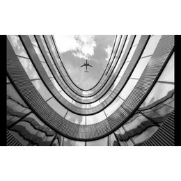 papermoon Fototapete "Flugzeug &uuml;ber Geb&auml;ude", B/L: 4,5m x 2,8m, Bahnen: 9 Stk., bunt, Schlafzimmer, Tapeten