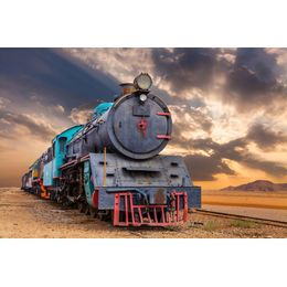 papermoon Fototapete "ZUG-LOKOMOTIVE WADI RUM W&Uuml;STE JORDANIEN WAGEN GEBIRGE", B/L: 3m x 2,23m, Bahnen: 6 Stk., bunt, Schlafzimmer, Tapeten