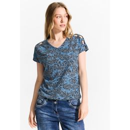 Cecil Damen T-Shirt, blau, Gr. XXL, bedruckt, Stoff, 65% Polyester, 35% Viskose, Shirts, mit Burnout-Optik