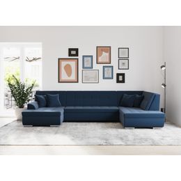 Wohnlandschaft DOMO collection, B:364cm H:83cm T:201cm, blau, 100% Polyester, Sofas, "Treviso incl. Zierkissen, moderne Steppung, XXL: B/T/H: