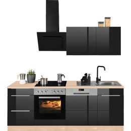 K&uuml;chenzeile KOCHSTATION, B:220cm H:200cm T:60cm, schwarz, Komplettk&uuml;chen-Sets, "KS-Brindisi", Breite 220 cm, wahlweise mit E-Ger&auml;ten, mit MDF-Fronten