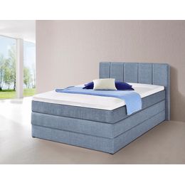 Boxspringbett Hapo, blau, Kopfteil, seitliche Unterbox und Obermatratze sind mit pflegeleichtem Feinstrukturstoff in Leinenoptik (100% Polyester)