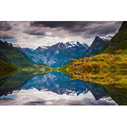 papermoon Fototapete "FJORD NORWEGEN-SEE GEBIRGE BERGE ALPEN SONNE DORF MEER", B/L: 4,5m x 2,8m, Bahnen: 9 Stk., bunt, Schlafzimmer, Tapeten