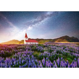 papermoon Fototapete "BLUMEN-WIESE-FELD ISLAND KIRCHE STERNE HIMMEL BERGE", B/L: 3m x 2,23m, Bahnen: 6 Stk., bunt, Schlafzimmer, Tapeten