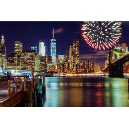 papermoon Fototapete "MANHATTAN-NEW YORK BROOKLYN BRIDGE FEUERWERK SKYLINE", B/L: 2,5mm x 1,86mm, Bahnen: 5 Stk. St., bunt, Schlafzimmer, Tapeten