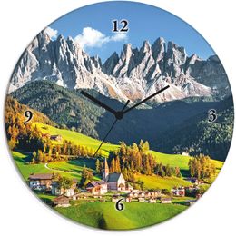 Wanduhr Artland, B:30cm H:30cm T:1,8cm, gr&uuml;n, Wohnzimmer, Wanduhren, "Glasuhr rund Alpen Berge Santa Maddalena", wahlweise mit Quarz- oder