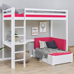 Hochbett Hoppekids, pink, Jugendzimmer, Hochbetten, "ECO Dream 90x200 mit Schreibtisch & Loungesofa / G&auml;stebett", Kinderbett aus Massivholz, Sofa