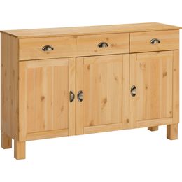 Unterschrank Home Affaire, B:125cm H:85cm T:38cm, beige, Massivholz, K&uuml;che, Schr&auml;nke, "Oslo", 125 cm breit, 38 cm tief, als Sideboard, 3 T&uuml;ren, 2