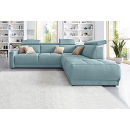 Ecksofa DOMO collection, B:266cm H:84cm T:99cm, blau, Kunstleder SOFTLUX;Struktur fein (100% Polyester);Zierkissen: Microfaser PRIMABELLE (100%