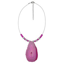 Steuer Damen Kette mit Anh&auml;nger "Drahtcollier silberfarben Perlen wei&szlig; und Achatscheibe pink", 58cm, Metall, L: 58, pink, Metall, Halsketten