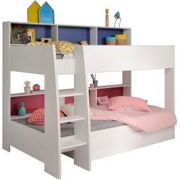 Etagenbett Parisot, B:132cm H:165cm L:209cm, wei&szlig;, Kinderzimmer, Etagenbetten, "Tam Tam, Stockbett, farbig hinterlegte Regale, mit Bettkasten", viel