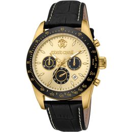 Roberto Cavalli Damen Chronograph "Uomo Chrono", schwarz, Armbanduhren, Quarzuhr, Armbanduhr, Herrenuhr, Lederarmband, analog, Tag
